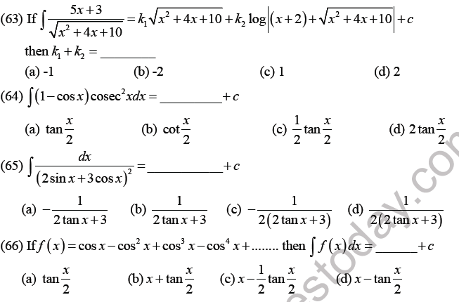 JEE Mathematics Indefinite Integrals MCQs Set C with Answers